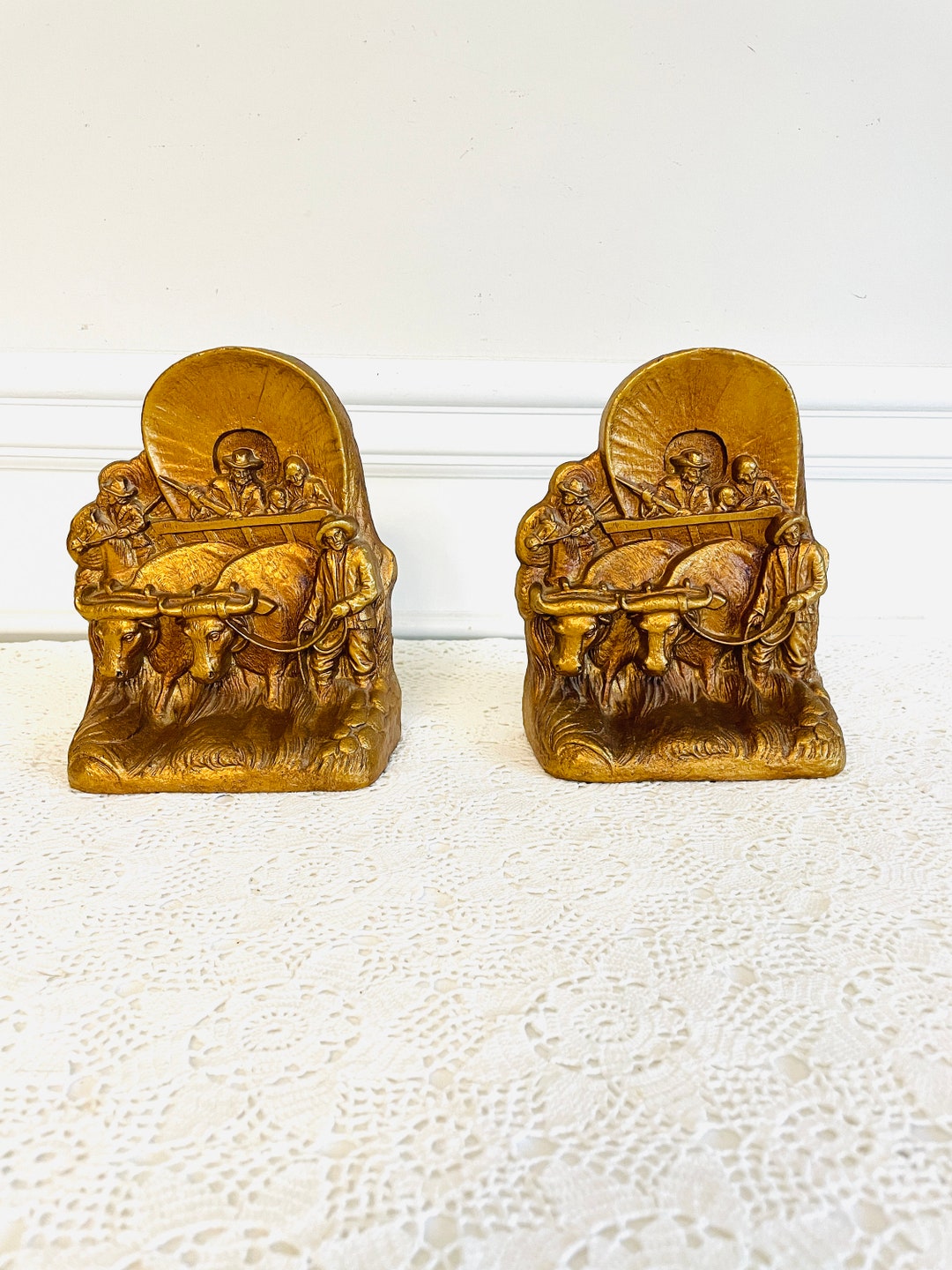 Pair of Syroco Wood Covered Wagon Western Bookends, Wild West Bookends ...