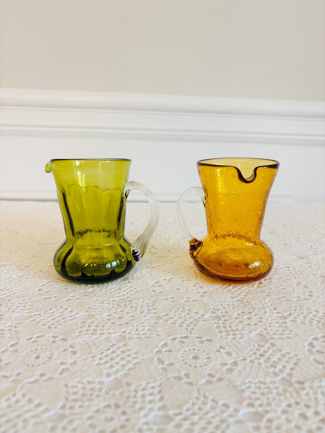 Green and Yellow Glass Mini Pitcher, Bud Vase or Creamer Set - Etsy
