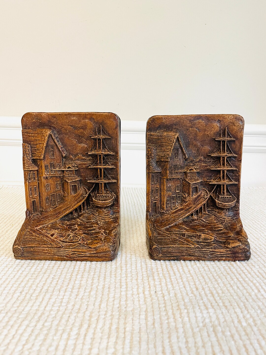 Syroco Wood Bookends Featuring Fishing Seaside Village - Etsy