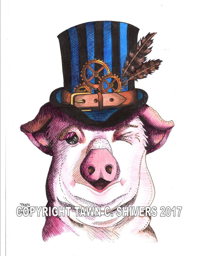 Original Colored Pencil Drawing, Pig Portrait, Farm Animal, Pen and Ink ...