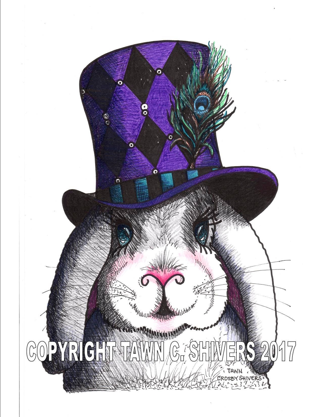 Rabbit Portrait, Print, Top Hat, Loped Ear Rabbit, Mixed Media ...