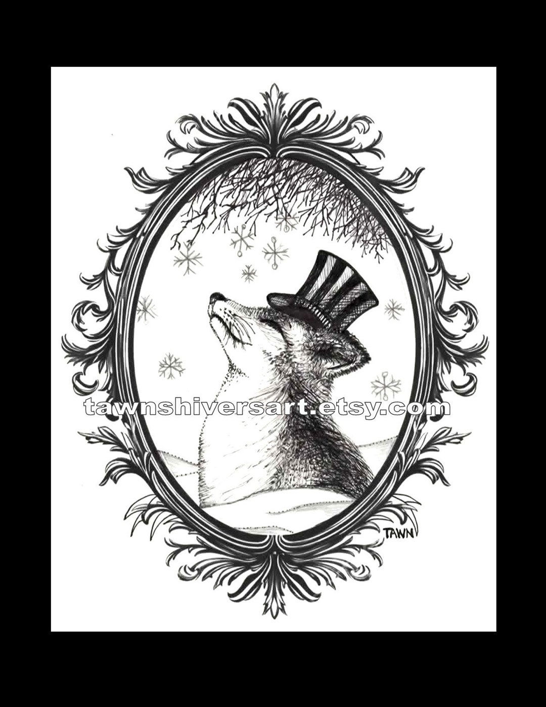 Fox in Snow Enjoying Winter Red Fox Pen and Ink Drawing - Etsy