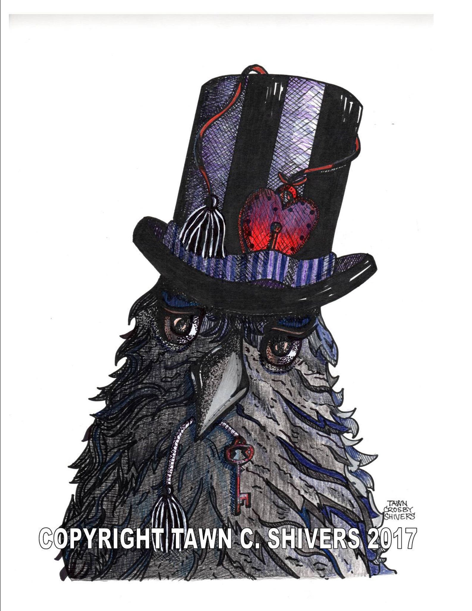 Crow, Raven Art, Top Hat, Steam Punk, Hand Drawn, Print, Heart Locket ...