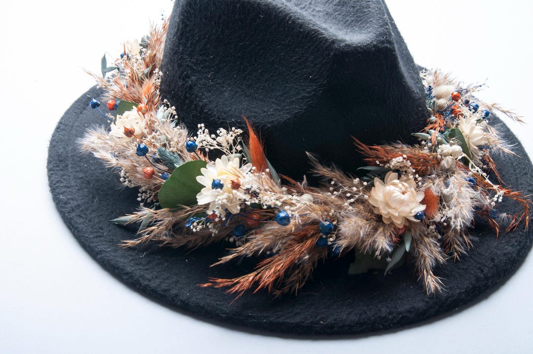 Boho Dried Flower Crown Hat Arrangement - Navy Blue & Eucalyptus Rustic ...