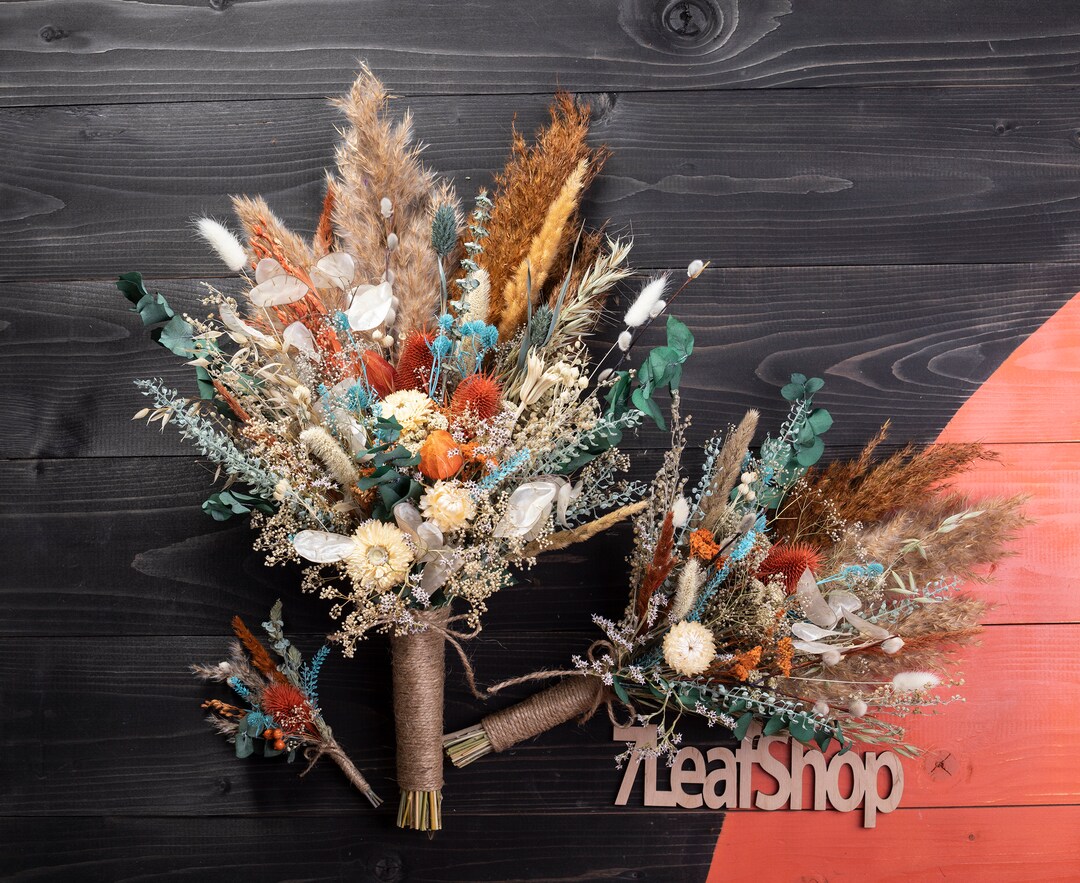 Fall Dried Flower Thistle Wedding Bouquet Burnt Orange Rust - Etsy
