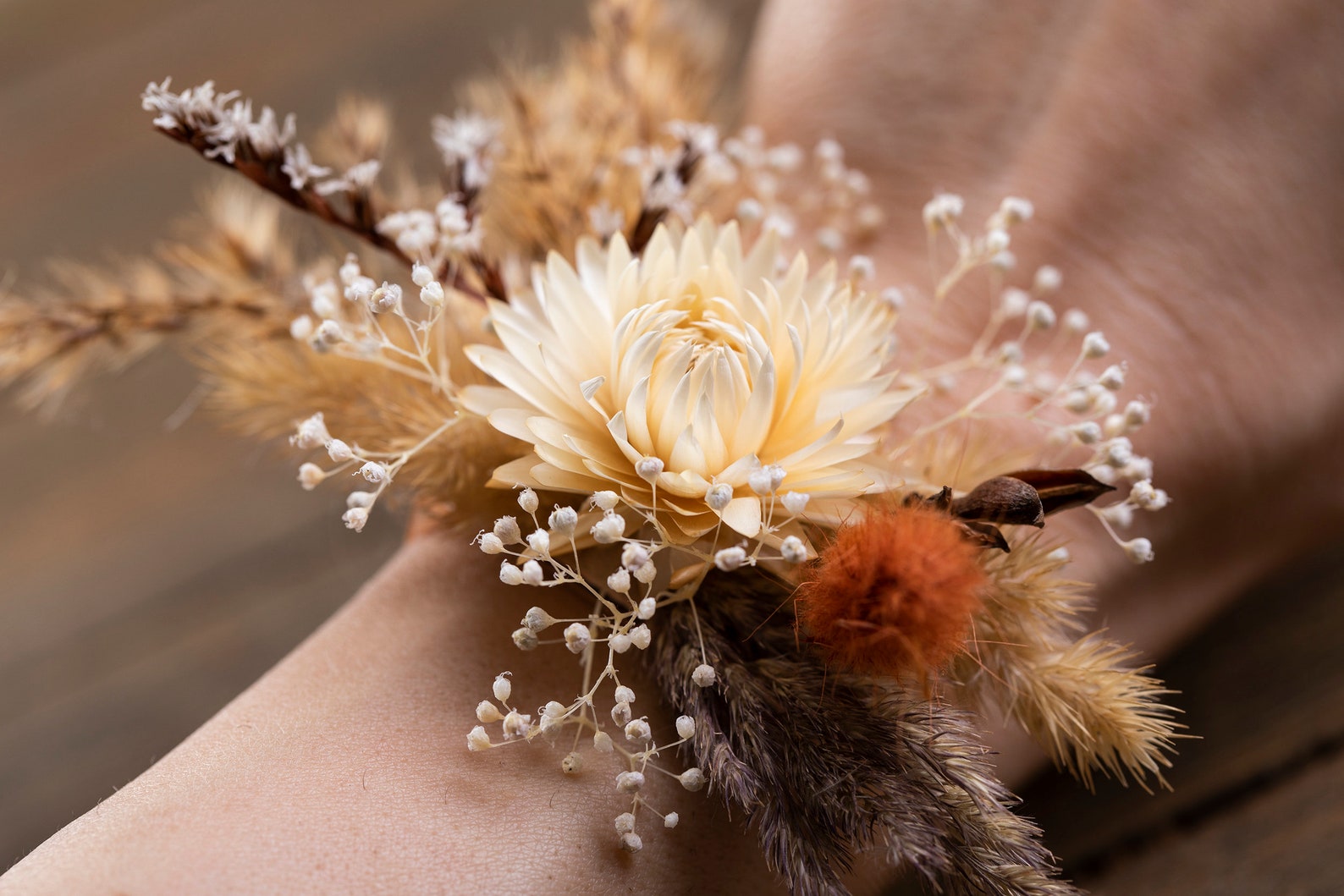 Dried Flower Corsage Burnt Orange Terracotta Rust Full Autumn Wedding ...