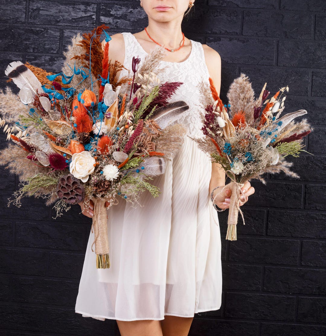 Burnt Orange Teal Burgundy Bouquet | Turkey Pheasant Feather Fall ...