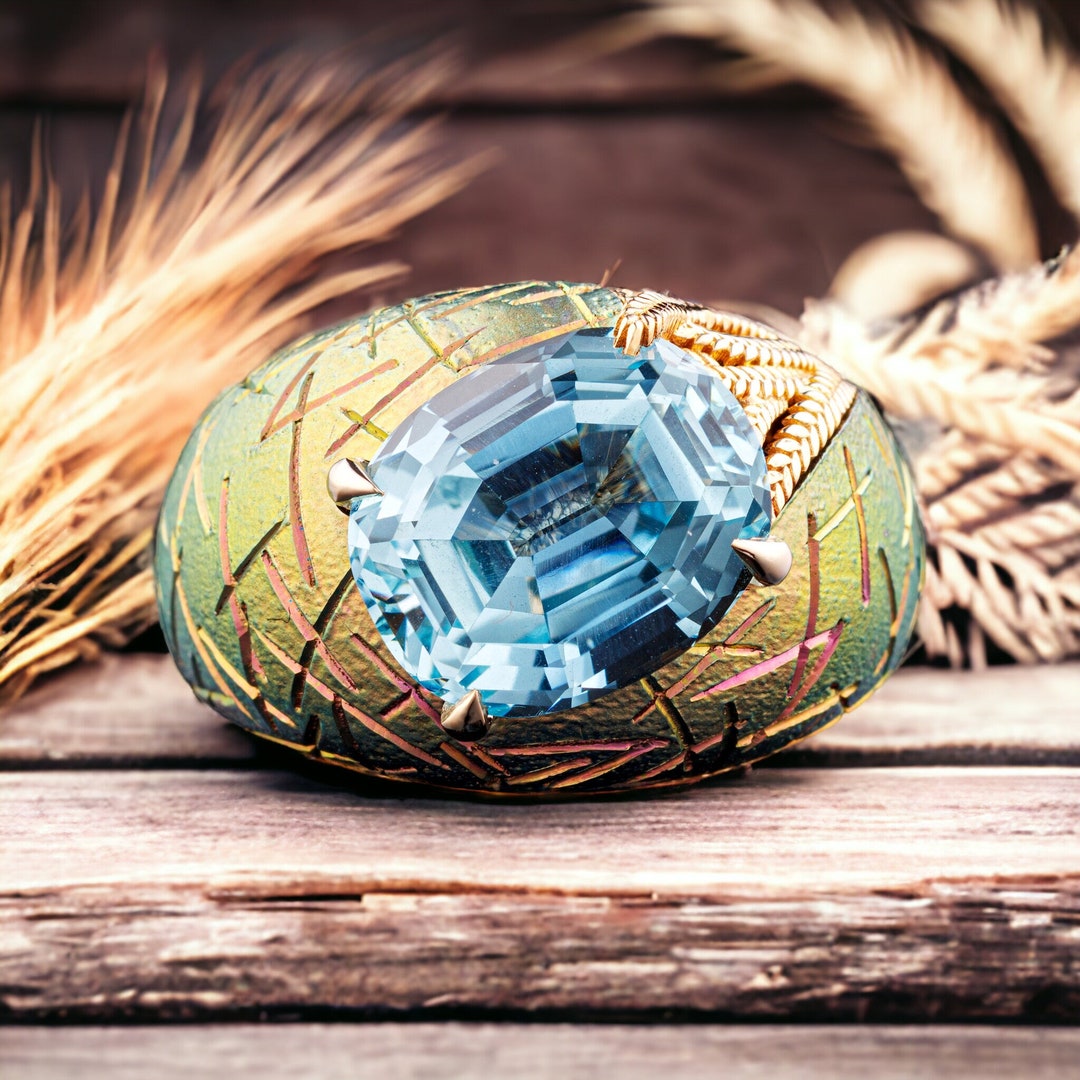 7,54ct Aquamarine 18K Gold and Titanium Ring, Ukrainian Wheat Field ...