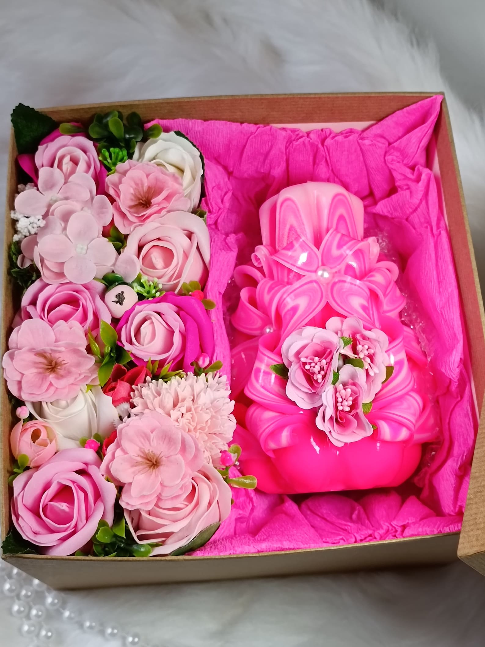 Medium Gift Box With Soap Roses and a Carved Candle Gift for Her Mother ...