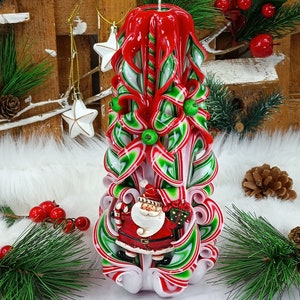 Xlarge Colorful and Unique Hand Carved Candle With Santa - Red ...