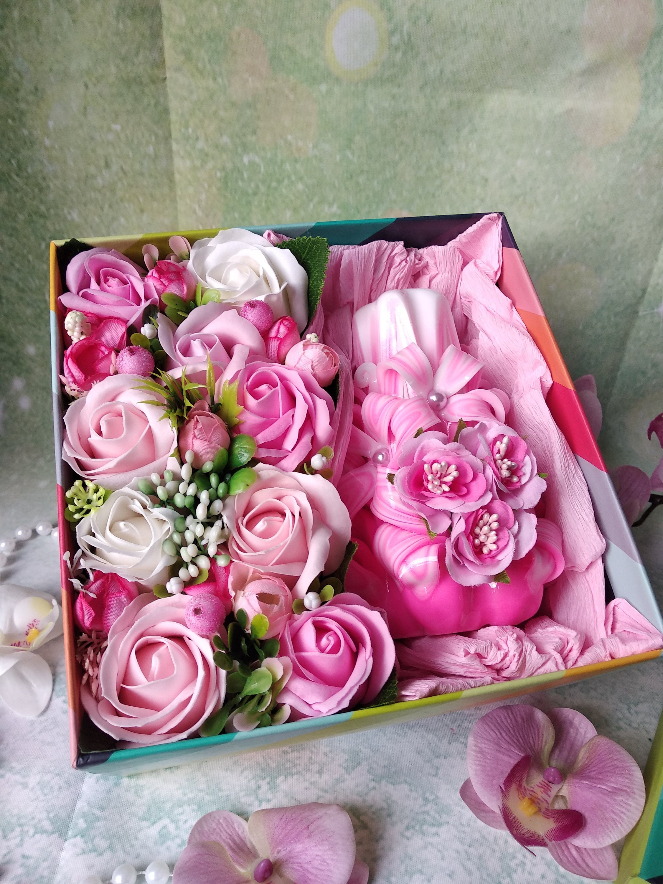 Medium Gift Box With Soap Roses and a Carved Candle Gift for - Etsy