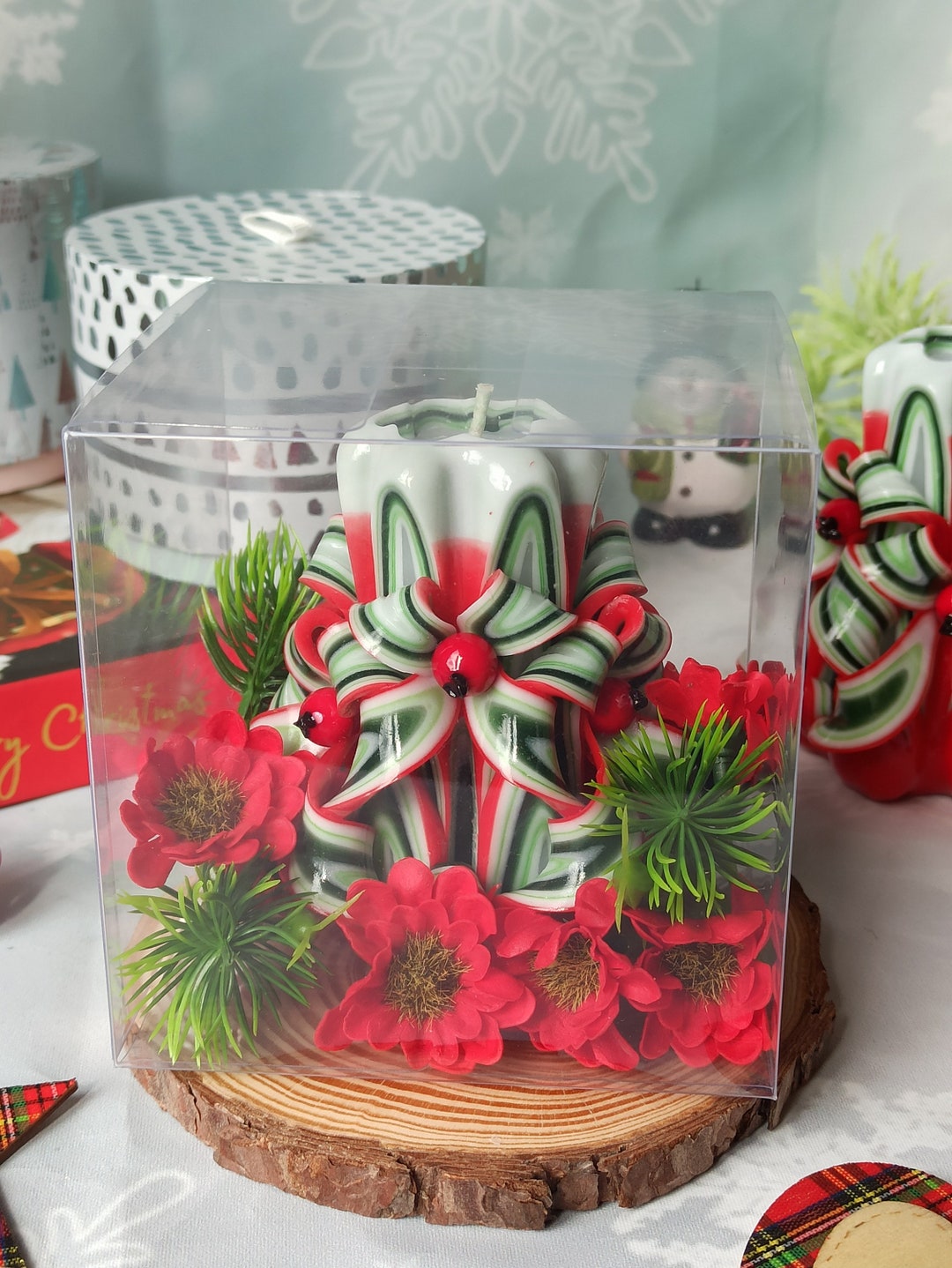 Small Colorful and Unique Hand Carved Candle - Red Christmas Candle ...