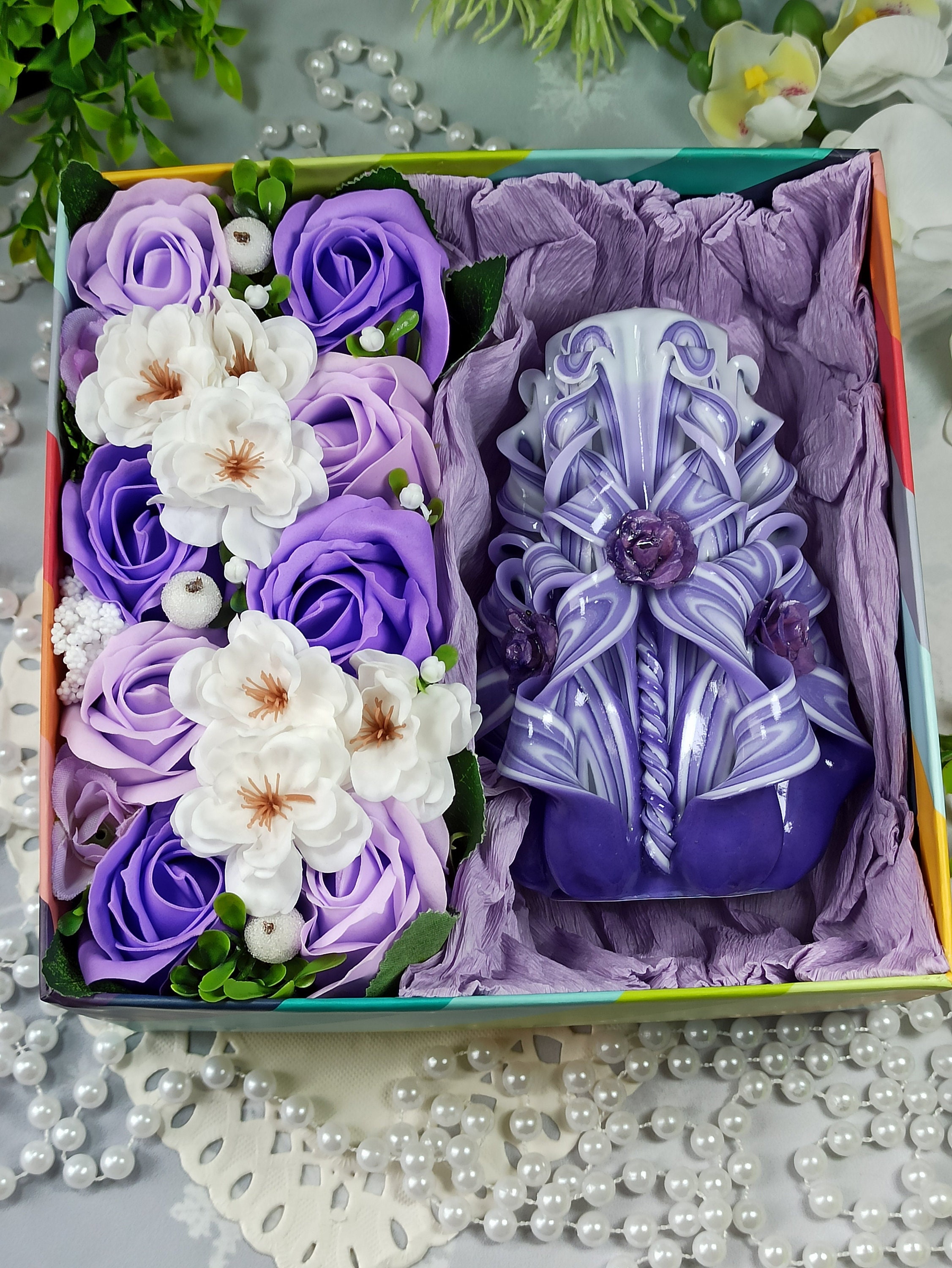 Medium Gift Box With Soap Roses and a Carved Candle Gift for - Etsy