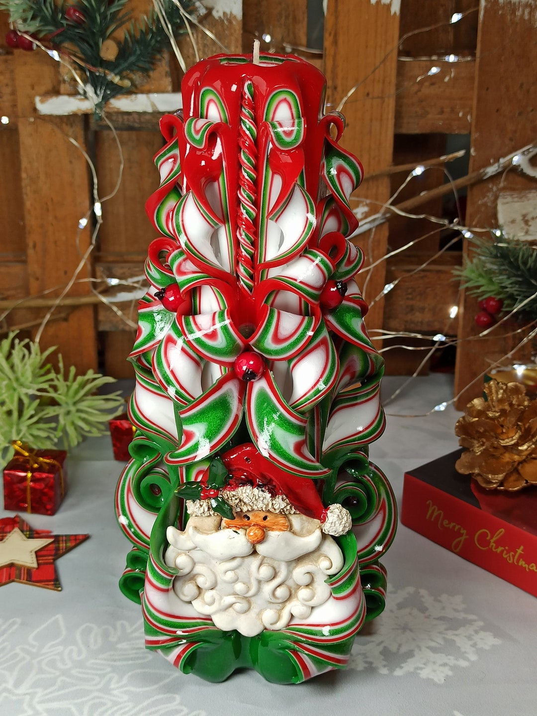 Xlarge Colorful and Unique Hand Carved Candle With Santa - Red ...