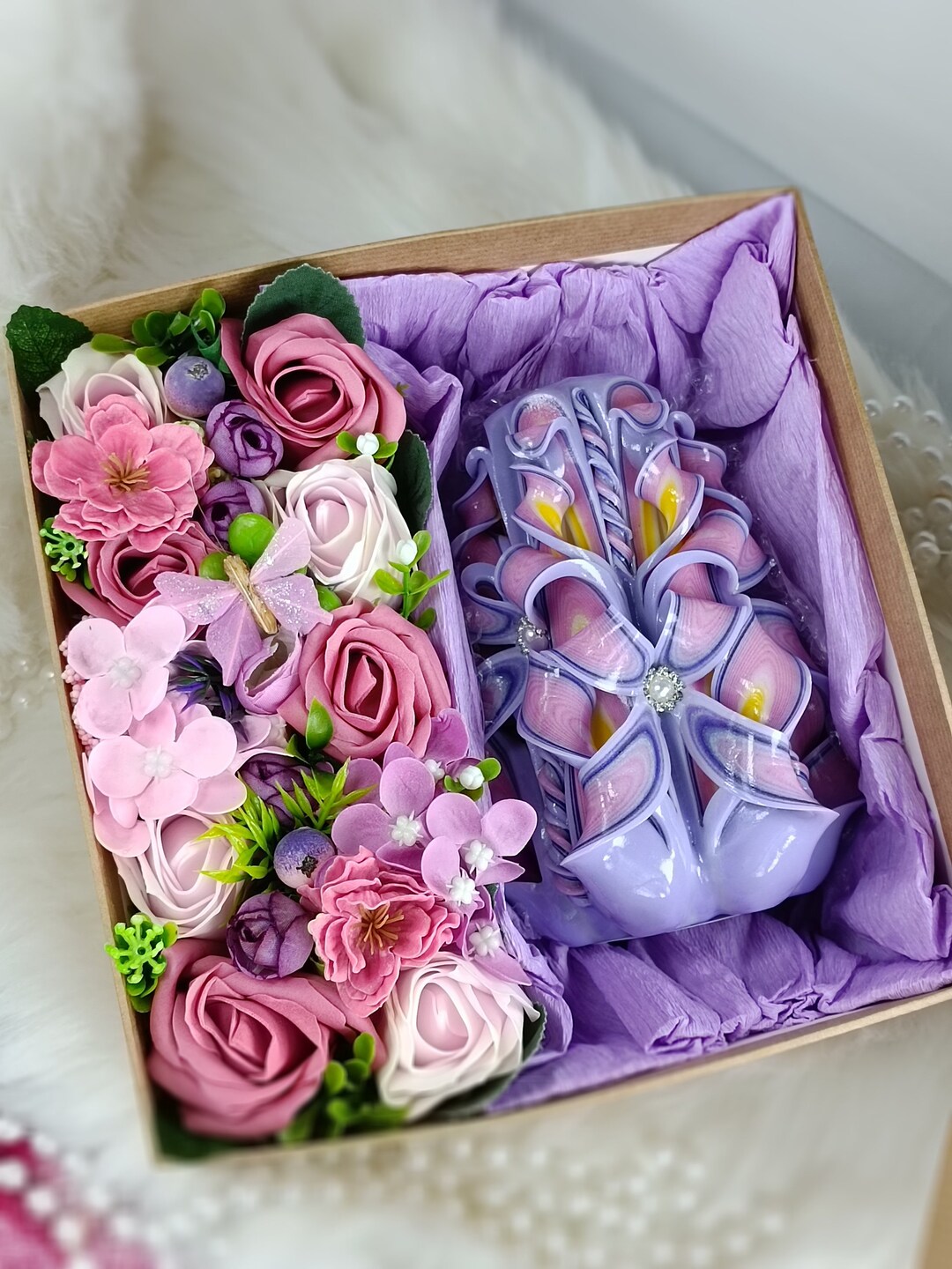 Medium Gift Box With Soap Roses and a Carved Candle Gift for Her Mother ...