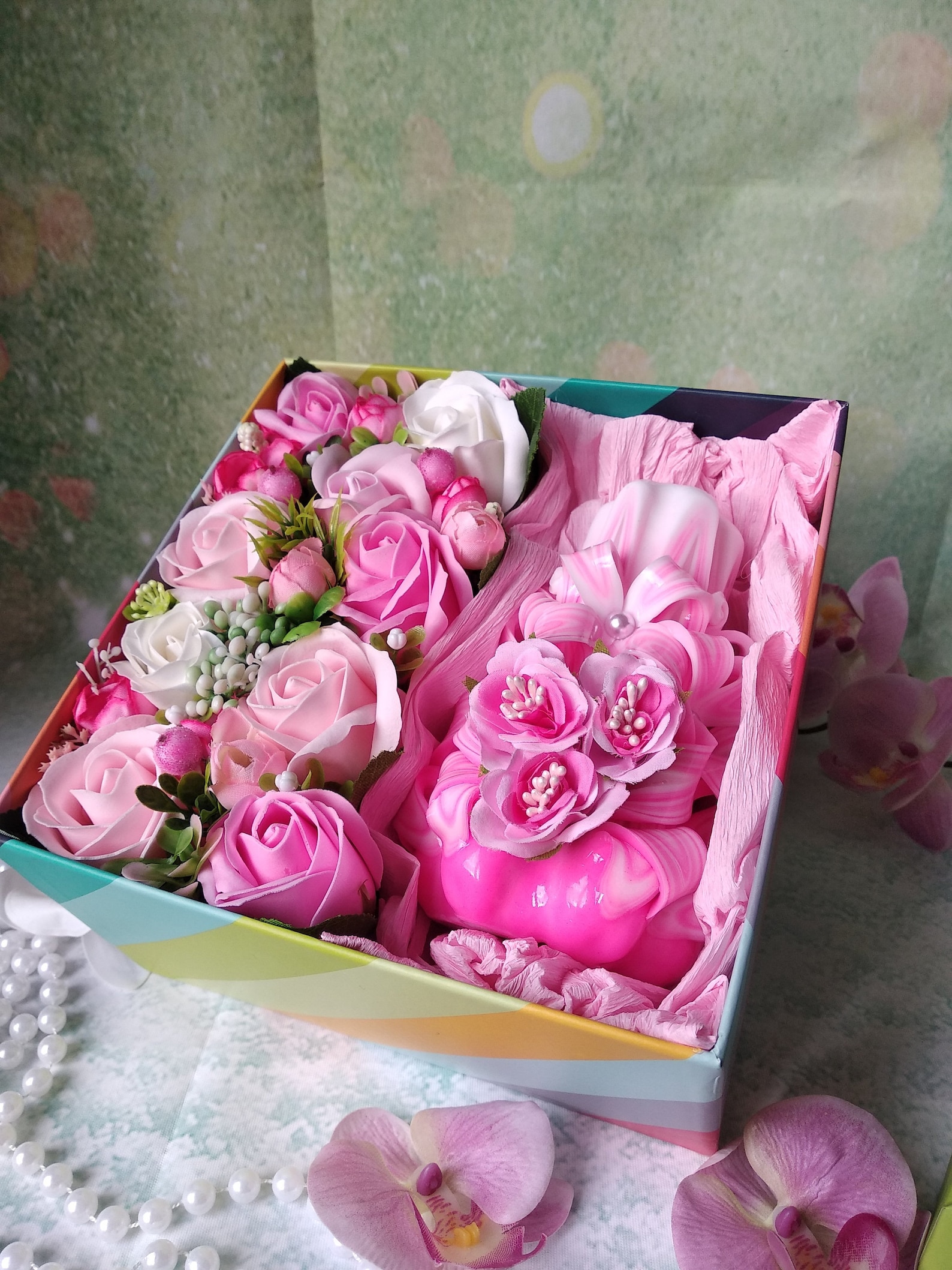 Medium Gift Box With Soap Roses and a Carved Candle Gift for | Etsy