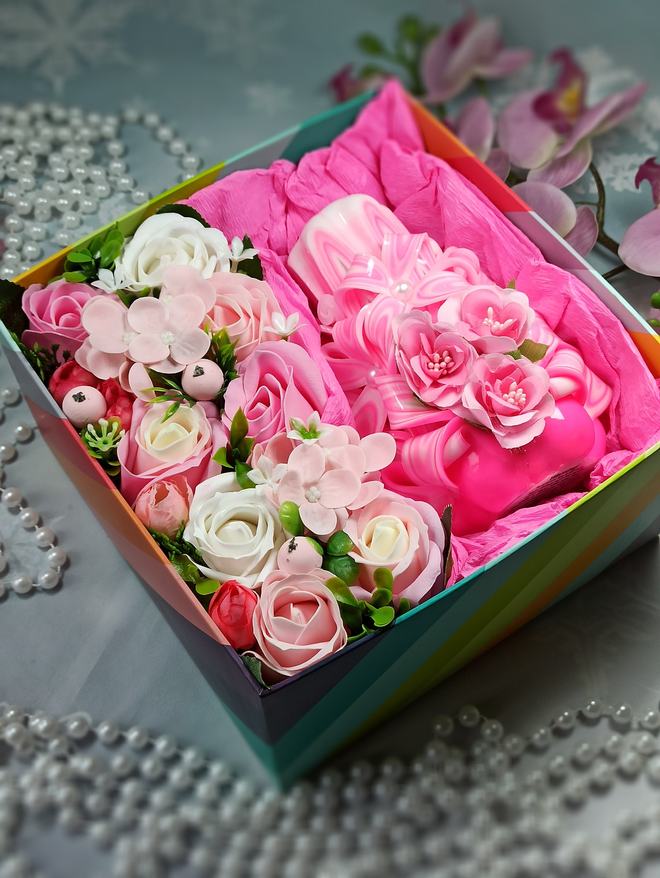Medium Gift Box With Soap Roses and a Carved Candle Gift for Her Mother ...