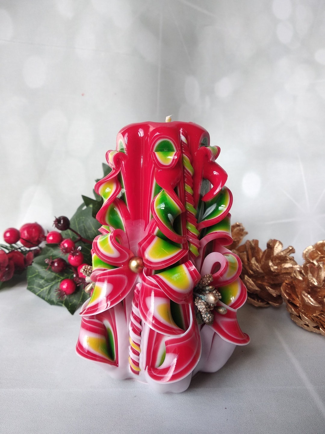 Medium Colorful and Unique Hand Carved Unscented Christmas Candle ...
