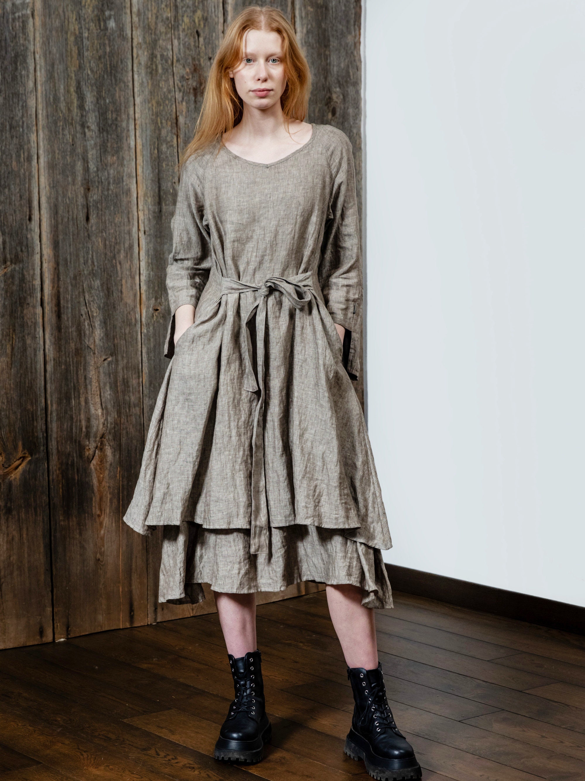DOUBLE Layer Dress With Belt Beige Linen Dress With Pockets - Etsy