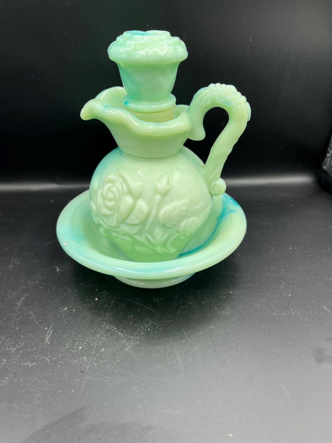 Avon Blue/green Milk Glass Pitcher With Bowl - Etsy