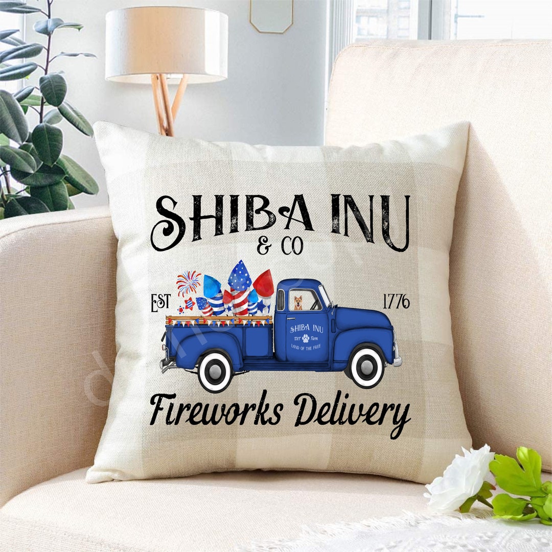 Shiba Inu (red) & Co Fireworks Delivery Pillow Cover ~ Buffalo Plaid ...