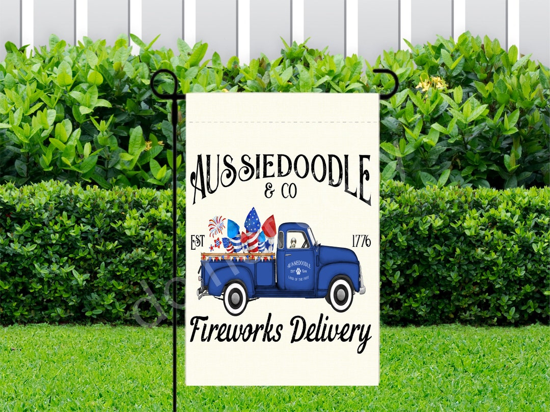 Aussiedoodle blue Merle Fireworks Delivery Garden Flag 12.5 X 18 Flag ...