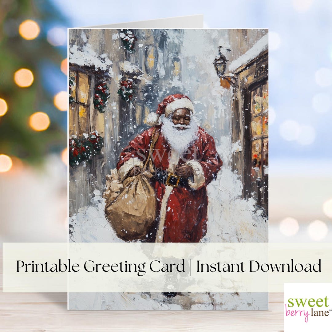 Black Santa Printable Holiday Card - Print at Home Christmas Greeting ...