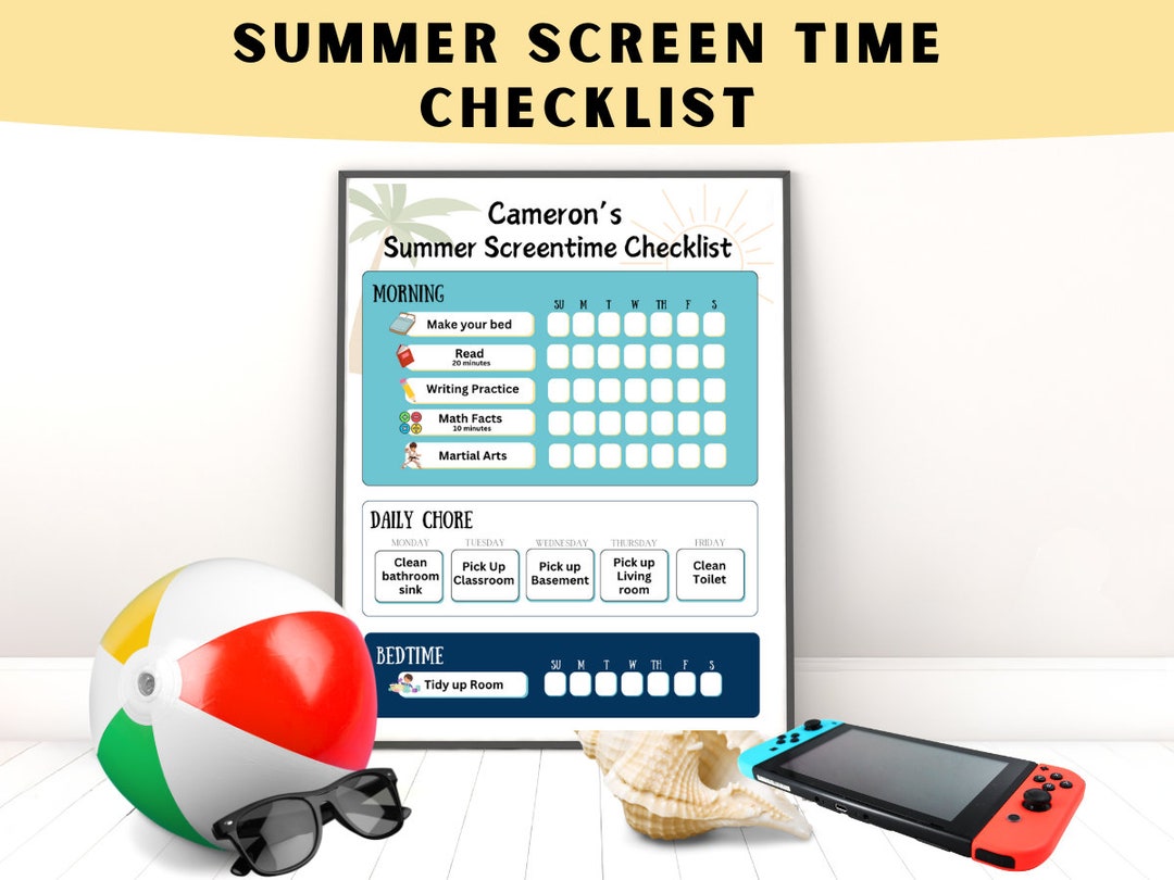 Summer Screen Time Checklist, Summer Checklist, Summer Chores, Kids ...