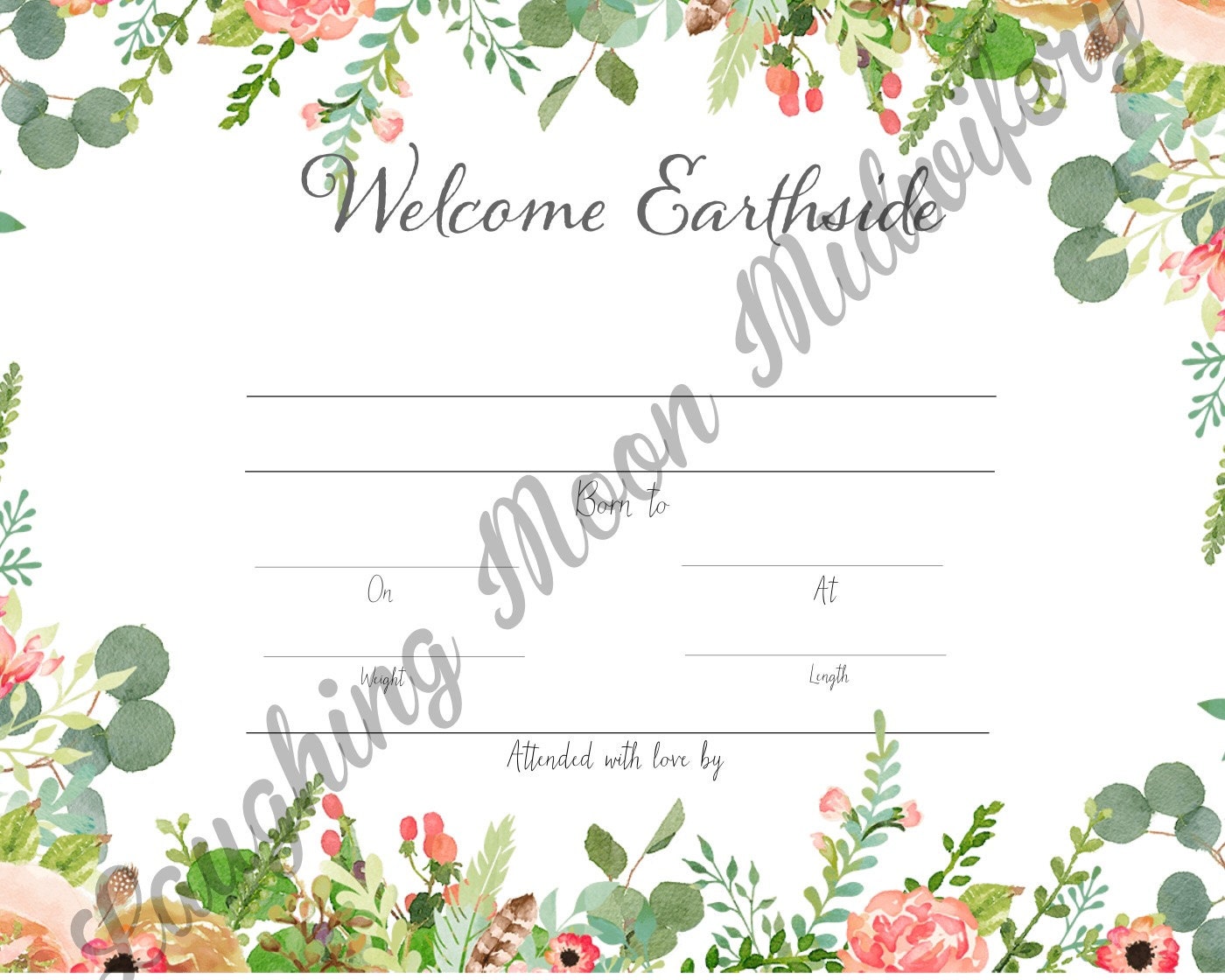Commemorative Birth Certificate, Welcome Earthside, Floral, Newborn ...