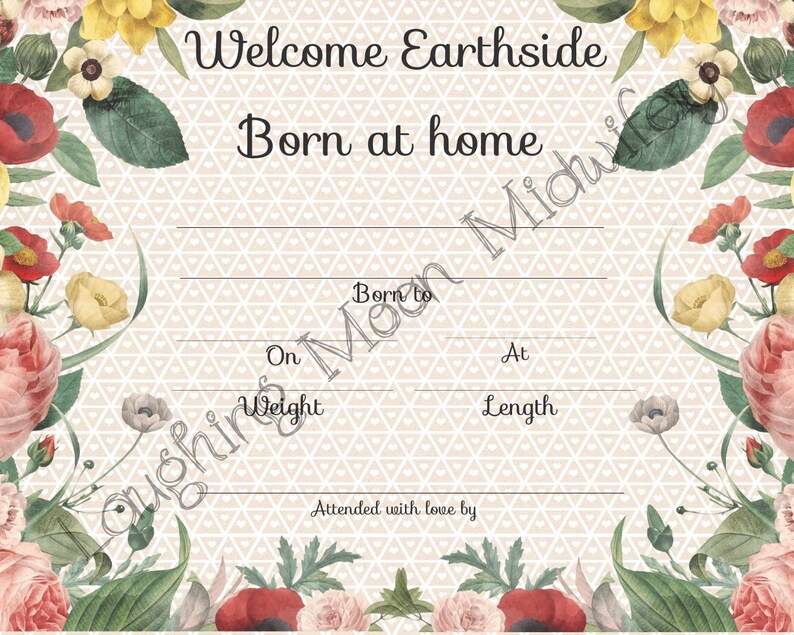 Commemorative Birth Certificate, Welcome Earthside, Born at Home ...