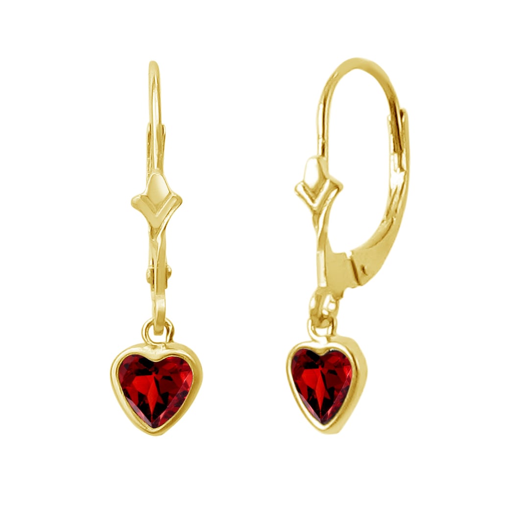 14K Yellow Gold Heart Red Birthstone Leverback Earrings Garnet Stone - Etsy