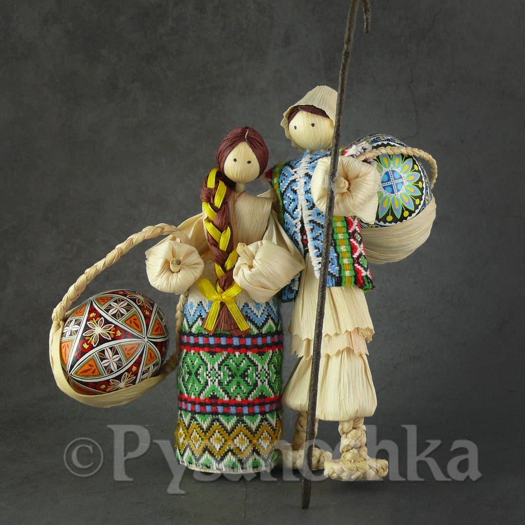 Handmade Corn Husk Dolls With Chicken Pysanka Eggs, Ukrainian Easter ...