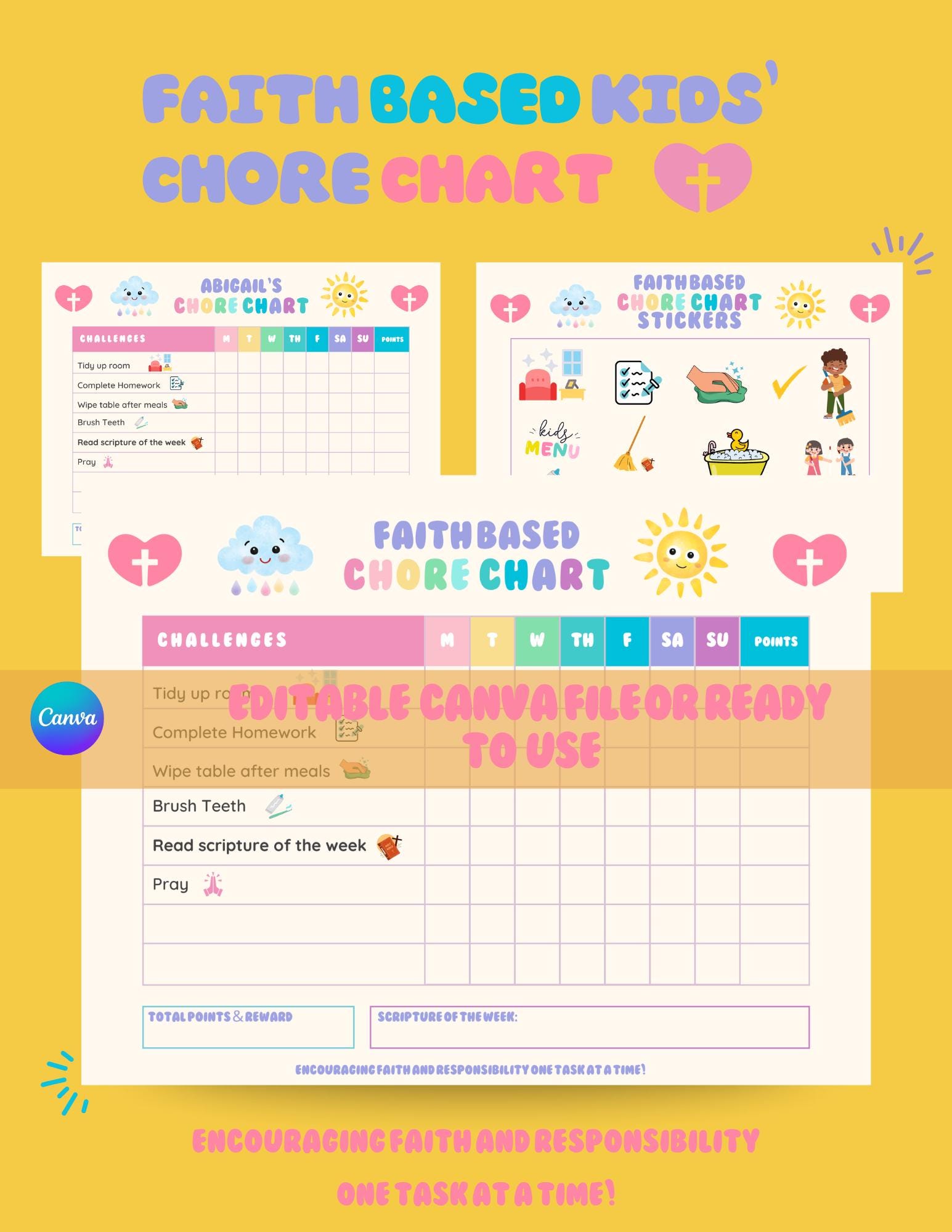 Faith Based Kids Chore Chart, Christian Responsibility Chart, Kids ...