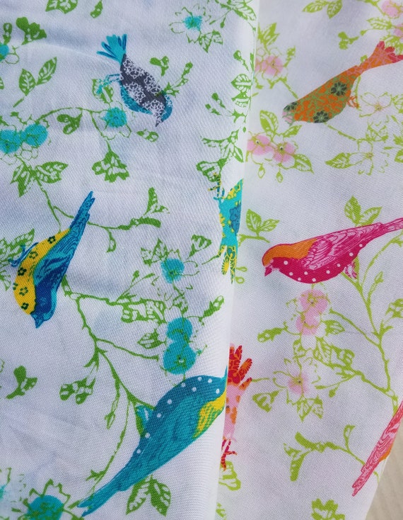 Bird Fabric Blue Bird Fabric Red Birds Cotton Fabric | Etsy
