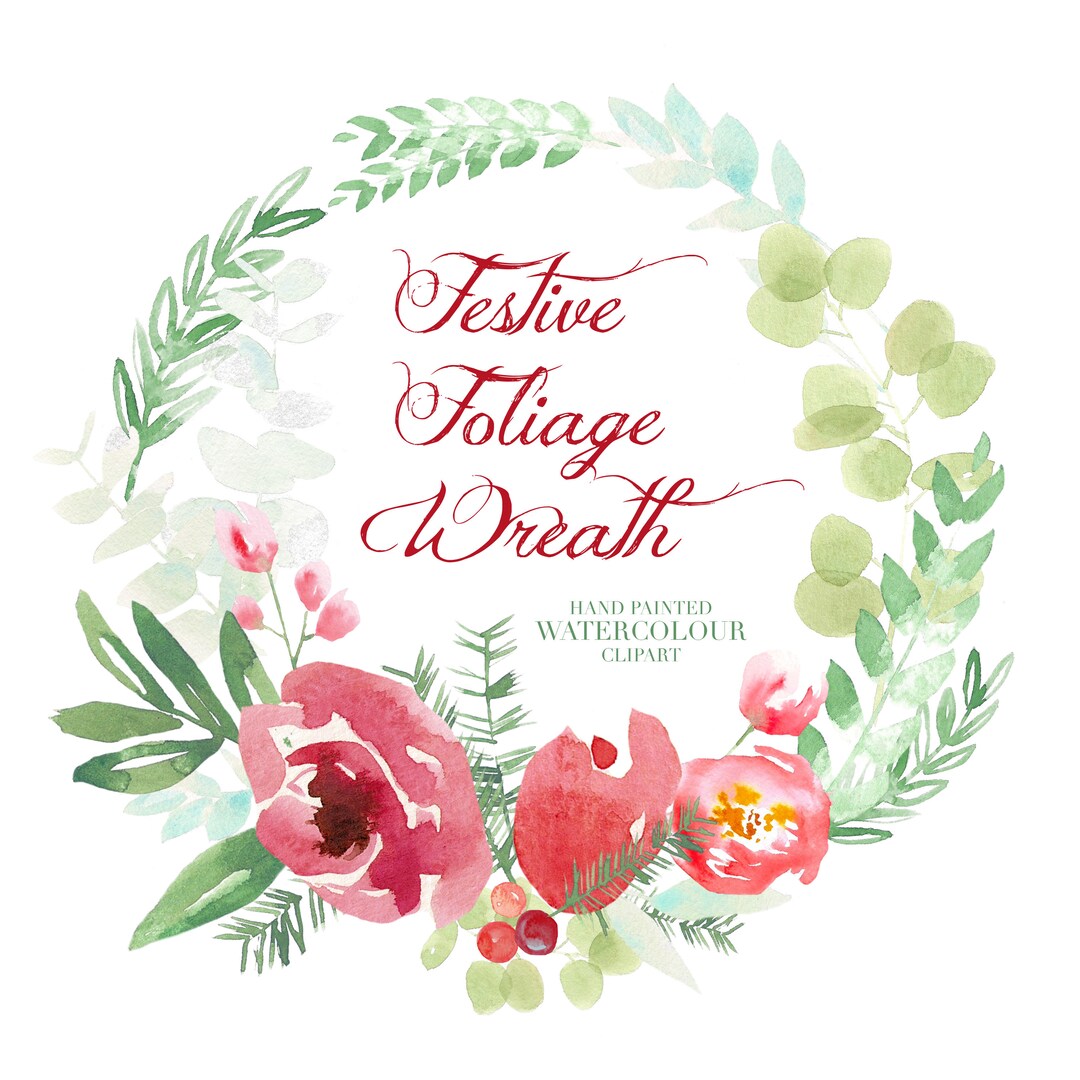 Hand Painted Watercolor Clip Art - Christmas Wreath - Festive Foliage ...