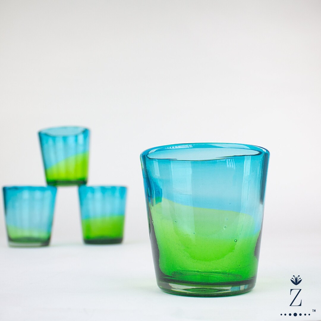 Blown Glass Tumblers. Aqua and Lime Glass Drinkware. - Etsy
