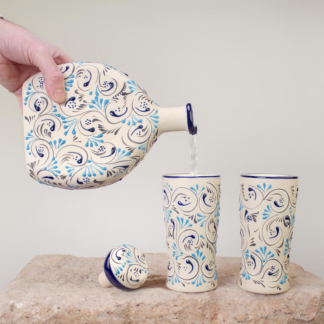 Ceramic Serving Set. Stoneware Decanter and Tumbler Glass Sets, Azules ...