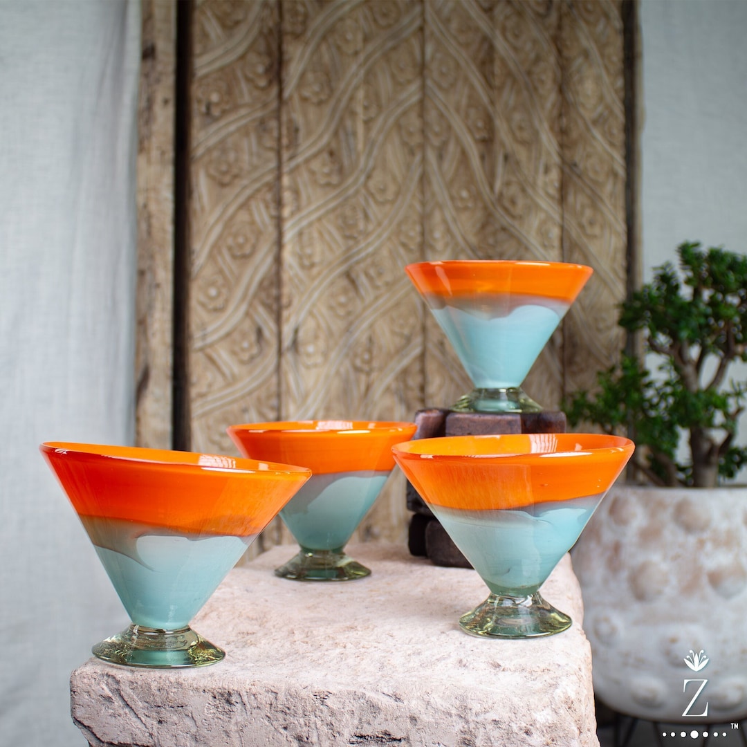 Margarita Glassware. Mandarin and Teal, Handblown Glass Drinkware. - Etsy
