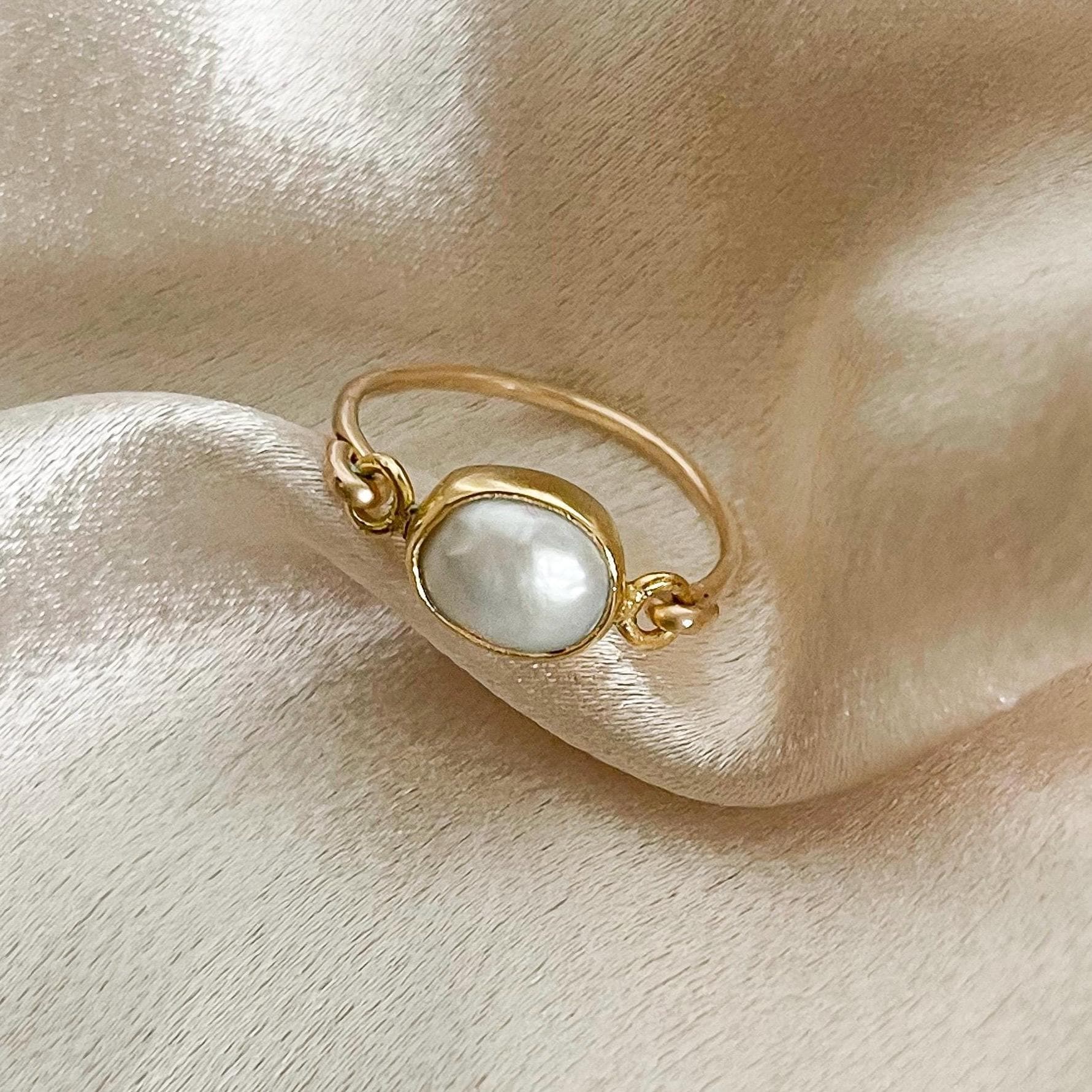 Dainty Pearl Bezel Ring • 14k Gold Filled Hammered Ring • Handmade ...