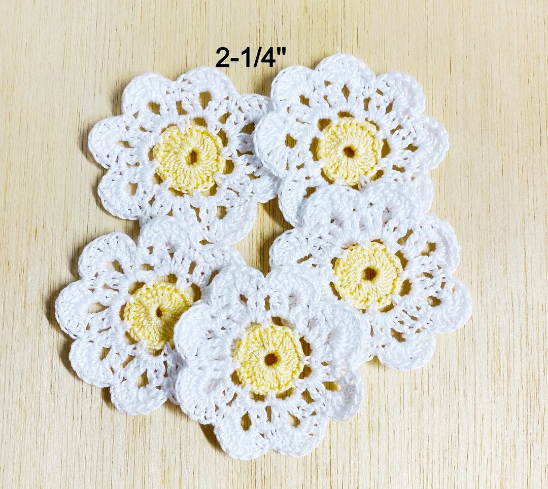 5 Crochet Flower Doilies, White and Yellow Cotton, Handmade, Set of 5 ...