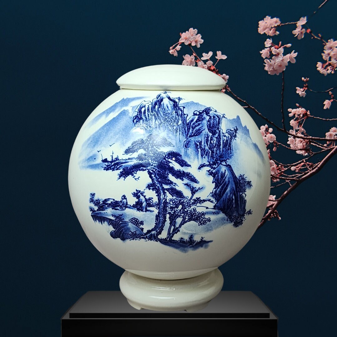 Cremation Urn, Urn for Ashes, Chinese Landscape, Blue White Urn ...