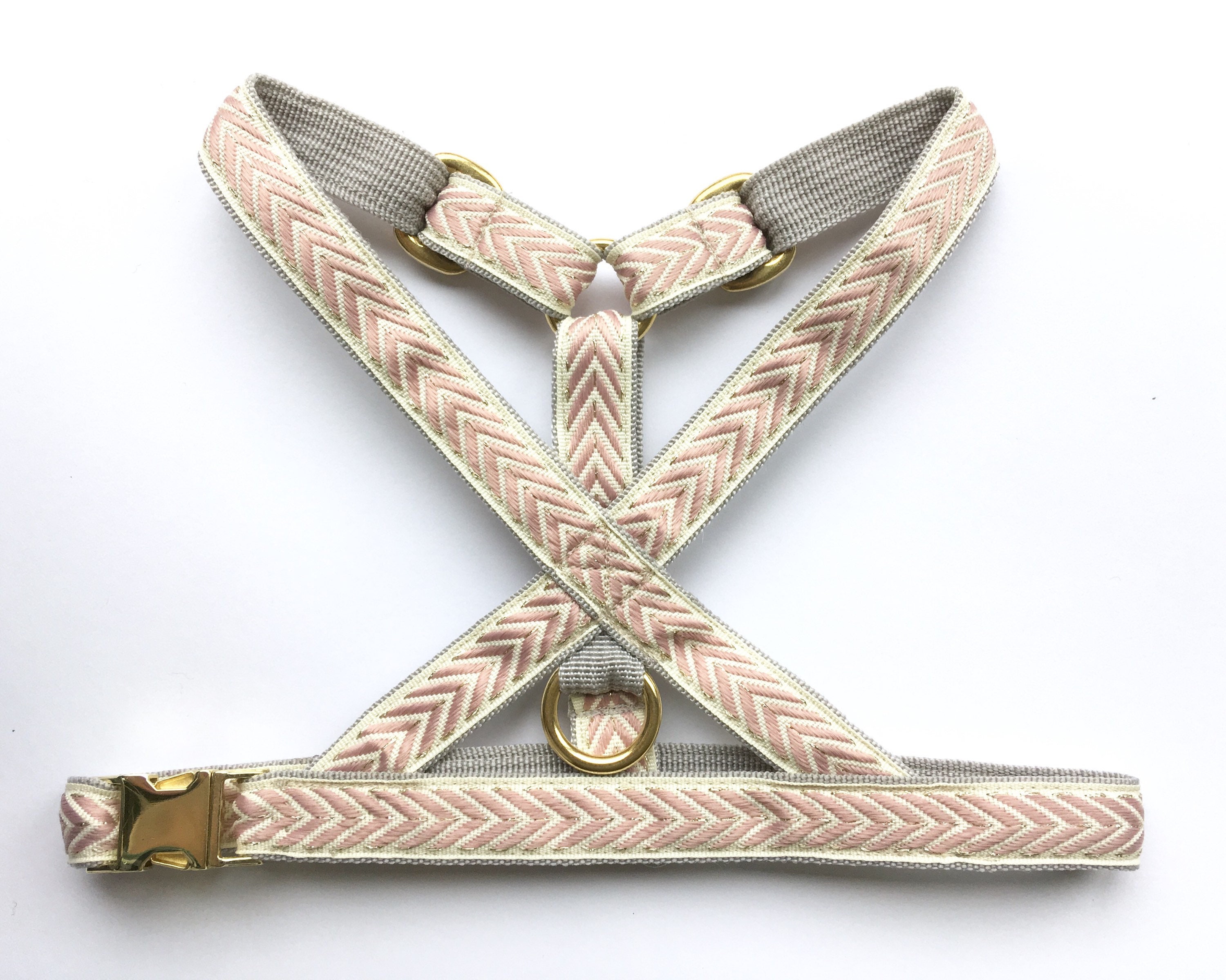 S-M Minnie Rose dog harness. Woven pink, gold and white on soft grey ...