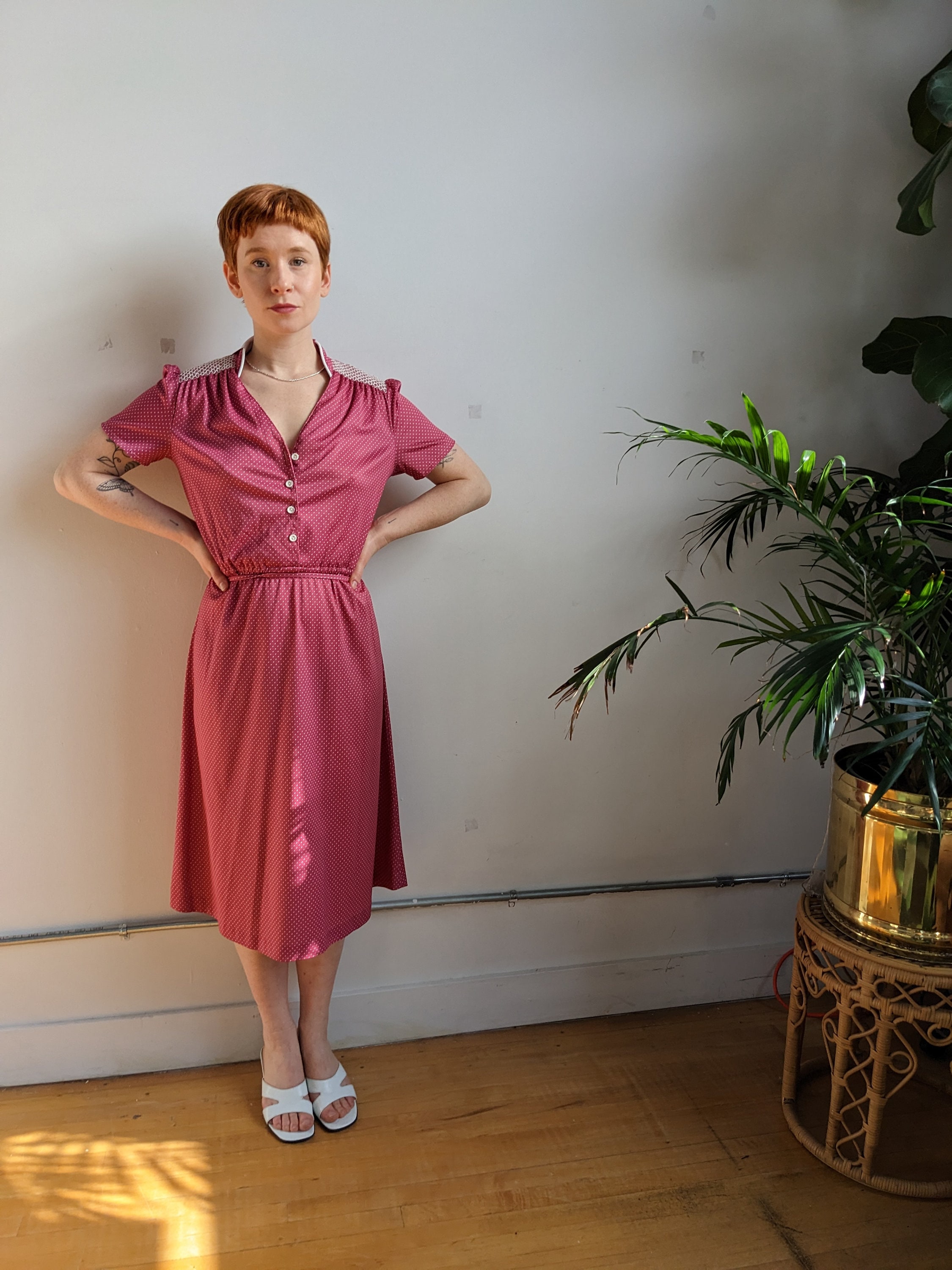 Vintage 1960s Dotted Oxblood Red Button Front House Dress Retro Diner ...