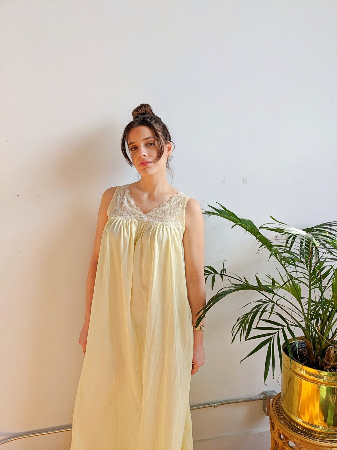 Vintage Pale Yellow Maxi Night Dress Nightie Slip 1970's Pastel Long ...
