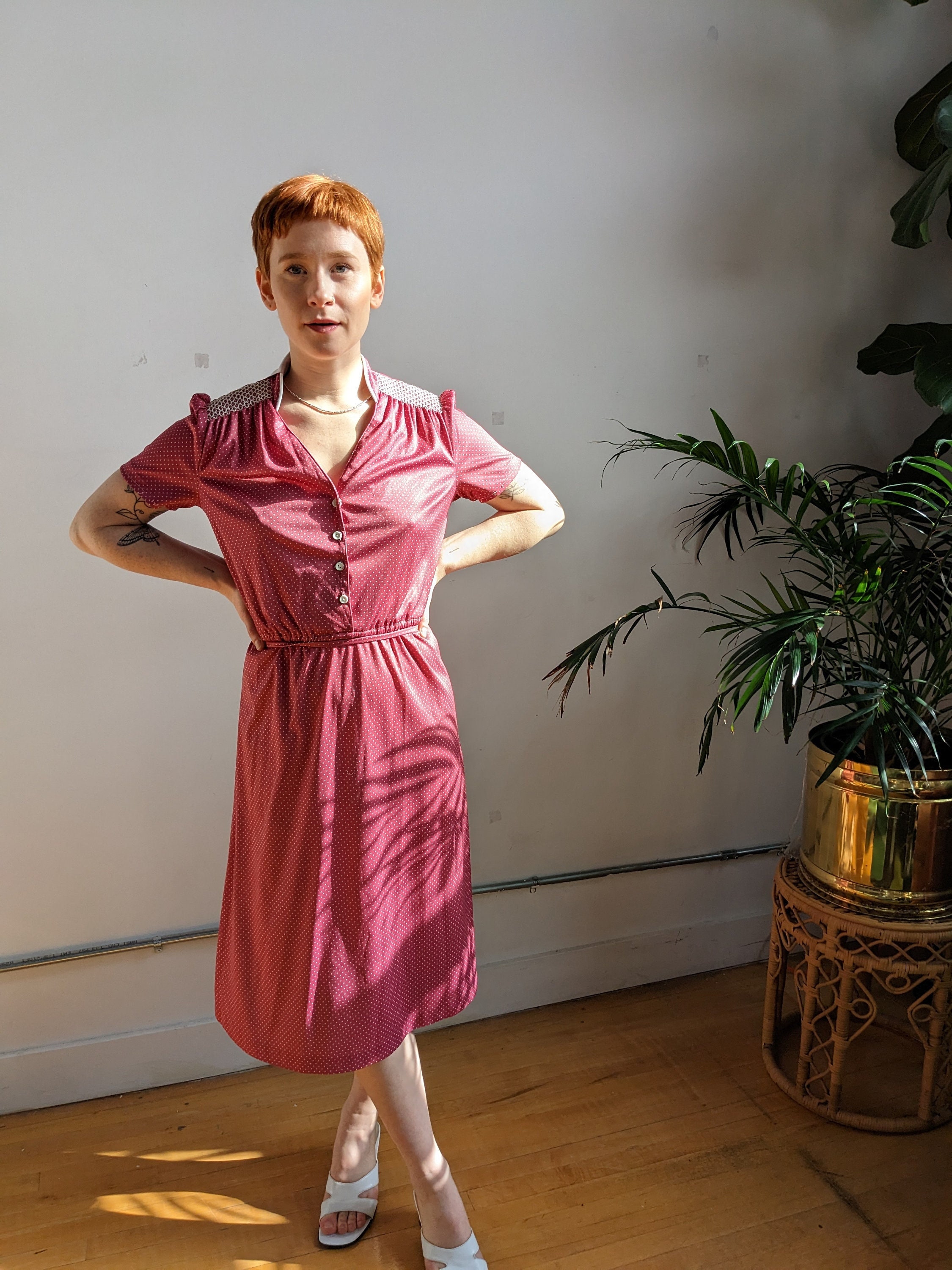 Vintage 1960s Dotted Oxblood Red Button Front House Dress Retro Diner ...