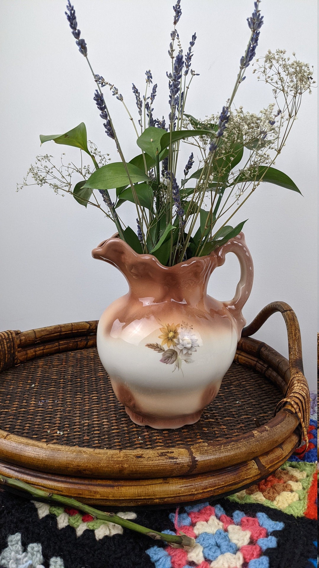 Vintage Floral Pottery Jug Vase: Brown & Cream Boho Decor - Etsy