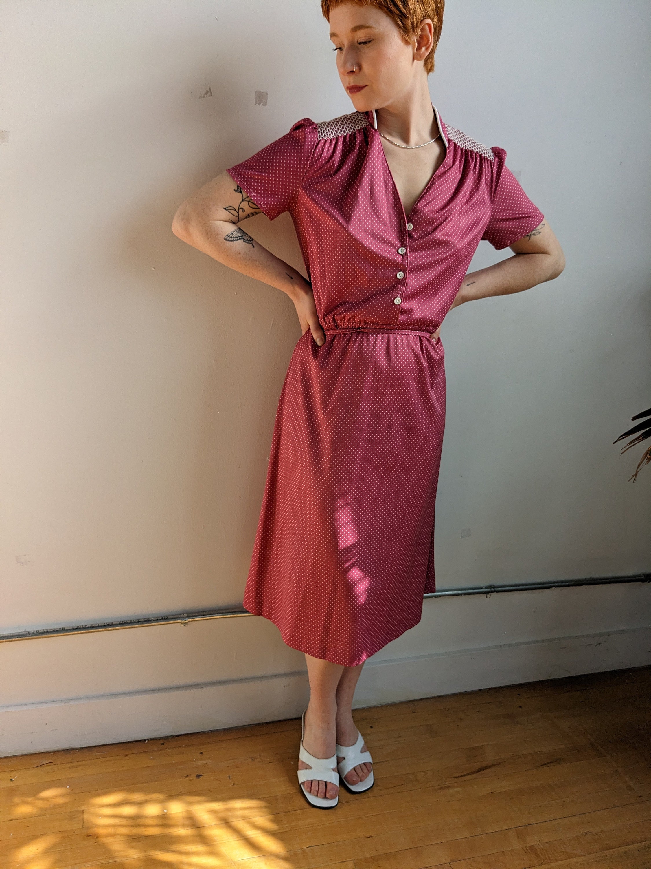 Vintage 1960s Dotted Oxblood Red Button Front House Dress Retro Diner ...