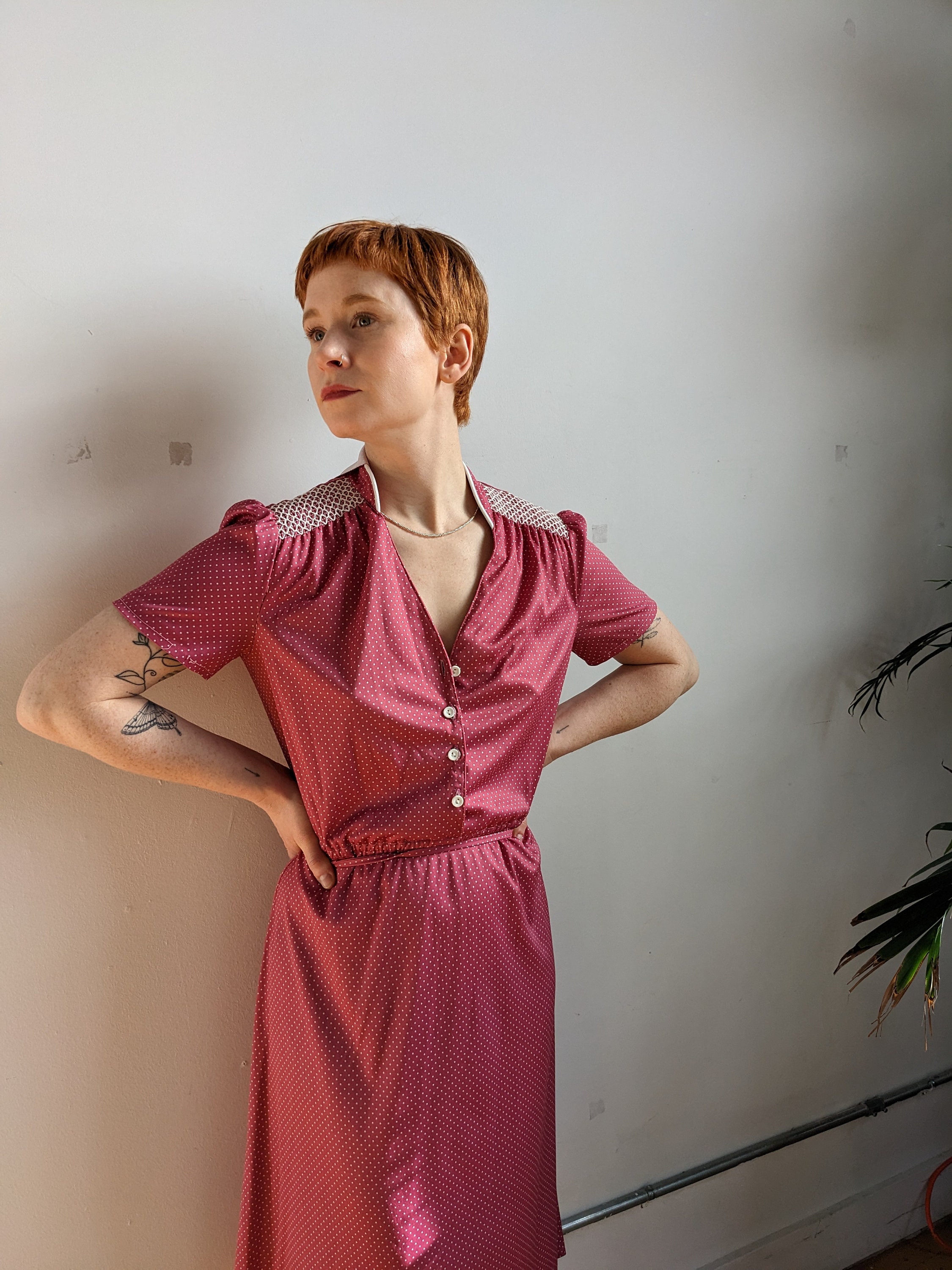 Vintage 1960s Dotted Oxblood Red Button Front House Dress Retro Diner ...
