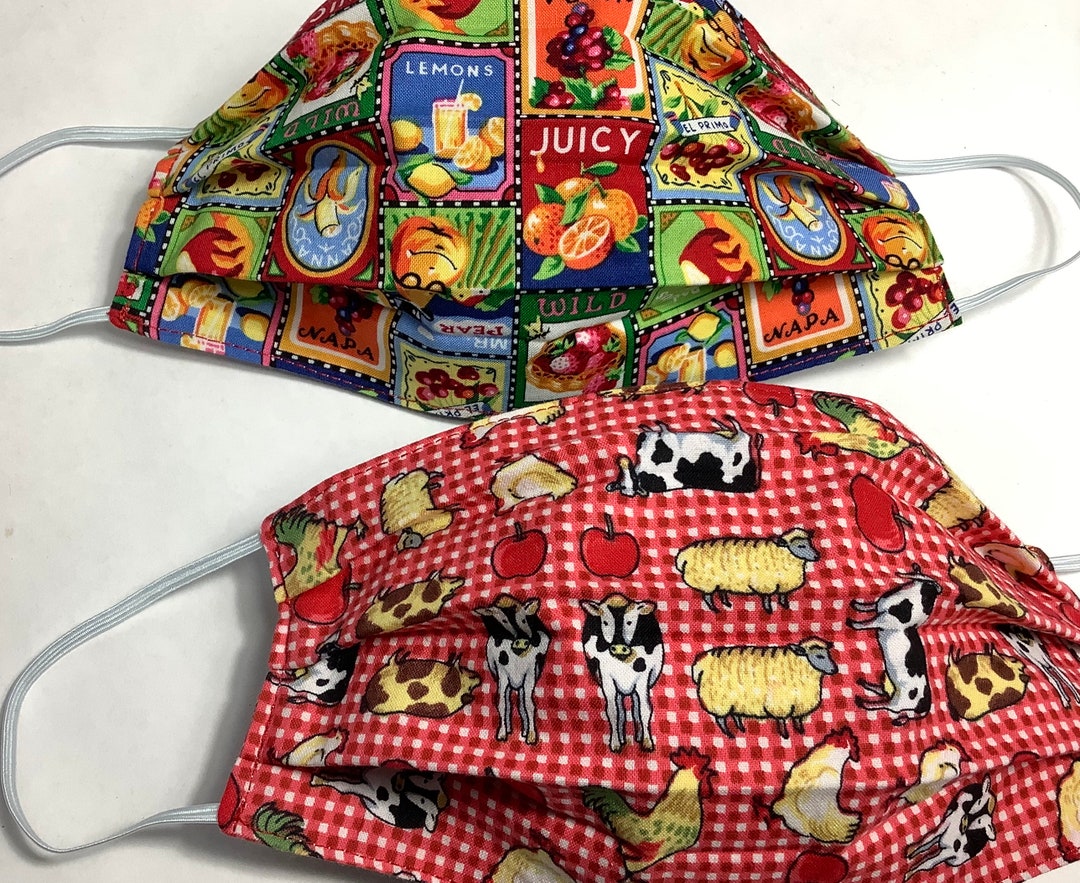 Set of 2 Cotton Face Masks- on the Farm, Cows, Fruits and Vegetables ...