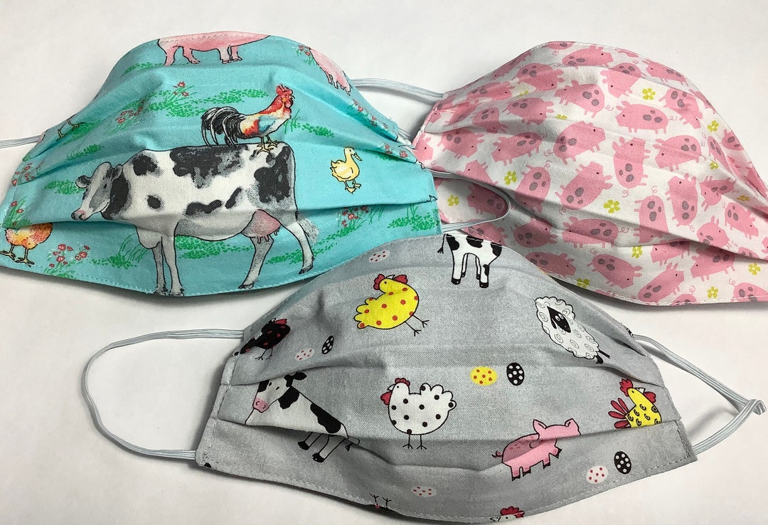 Farm Cow and Pigs Face Masks- Set of 3 Cotton- Fun Prints, Lined ...